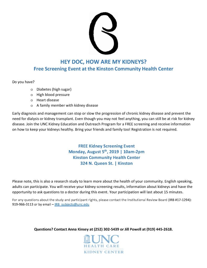 UNC Kidney Screening 8.5.2019 - Kinston Community Health Center